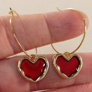 Jewelry | 18k Yellow Gold Filled Red Heart Charm Hoop Dangle Earrings Gorgeous Party Gift | Poshmark